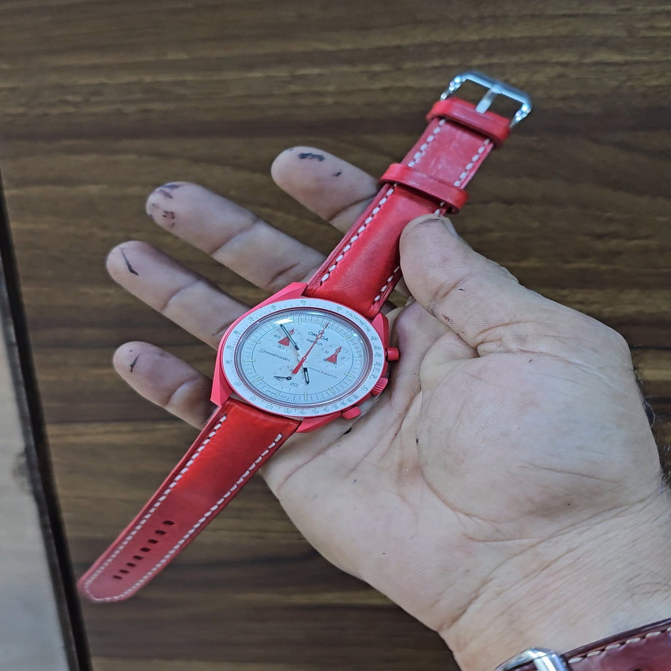 Omega X swatch moonswatch strap - Burgundy-white thread ...