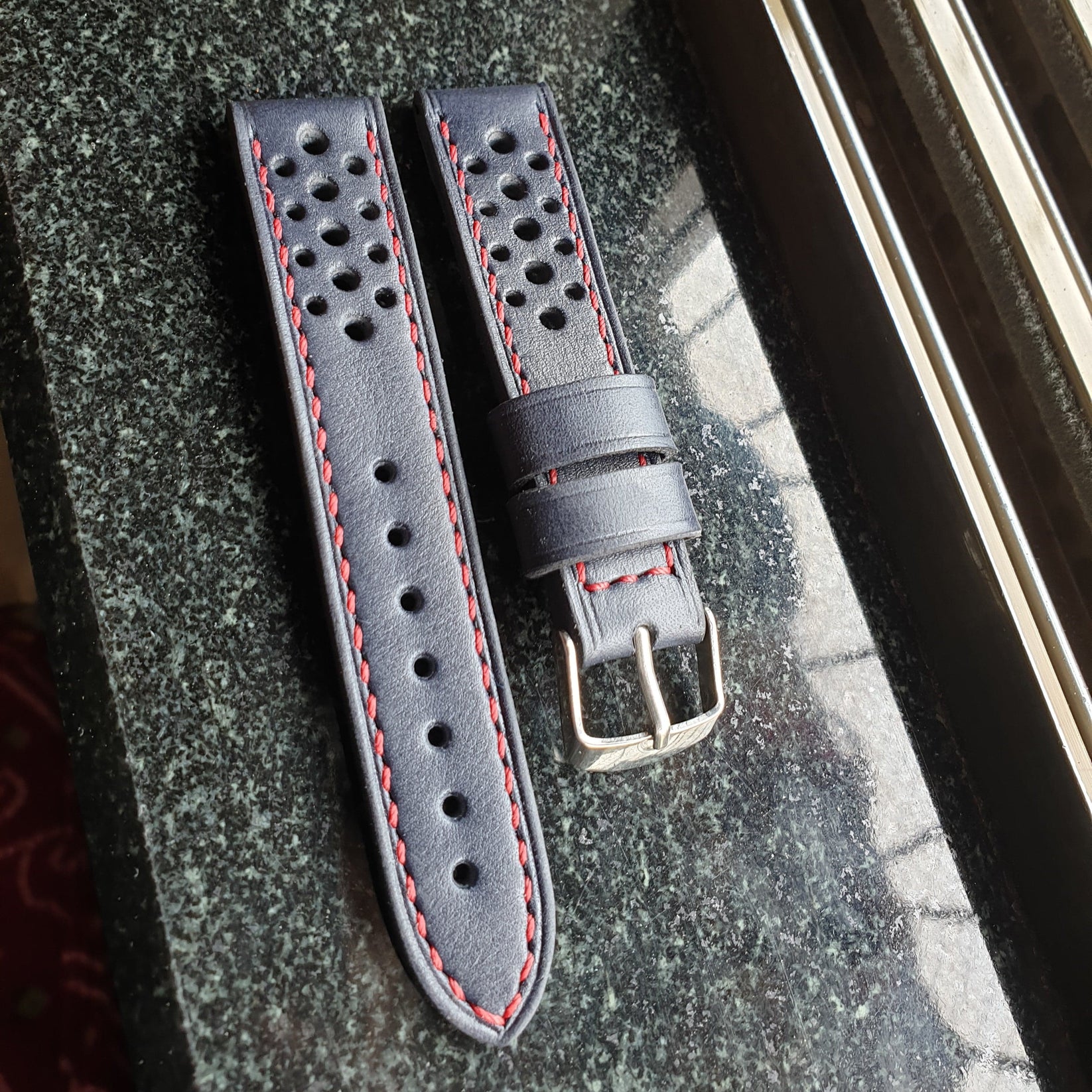 Handmade blue leather rally strap for watch - 22mm / Blue ...