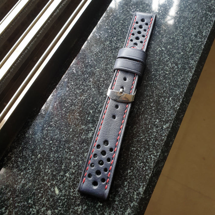 Handmade blue leather rally strap for watch - 22mm / Blue ...