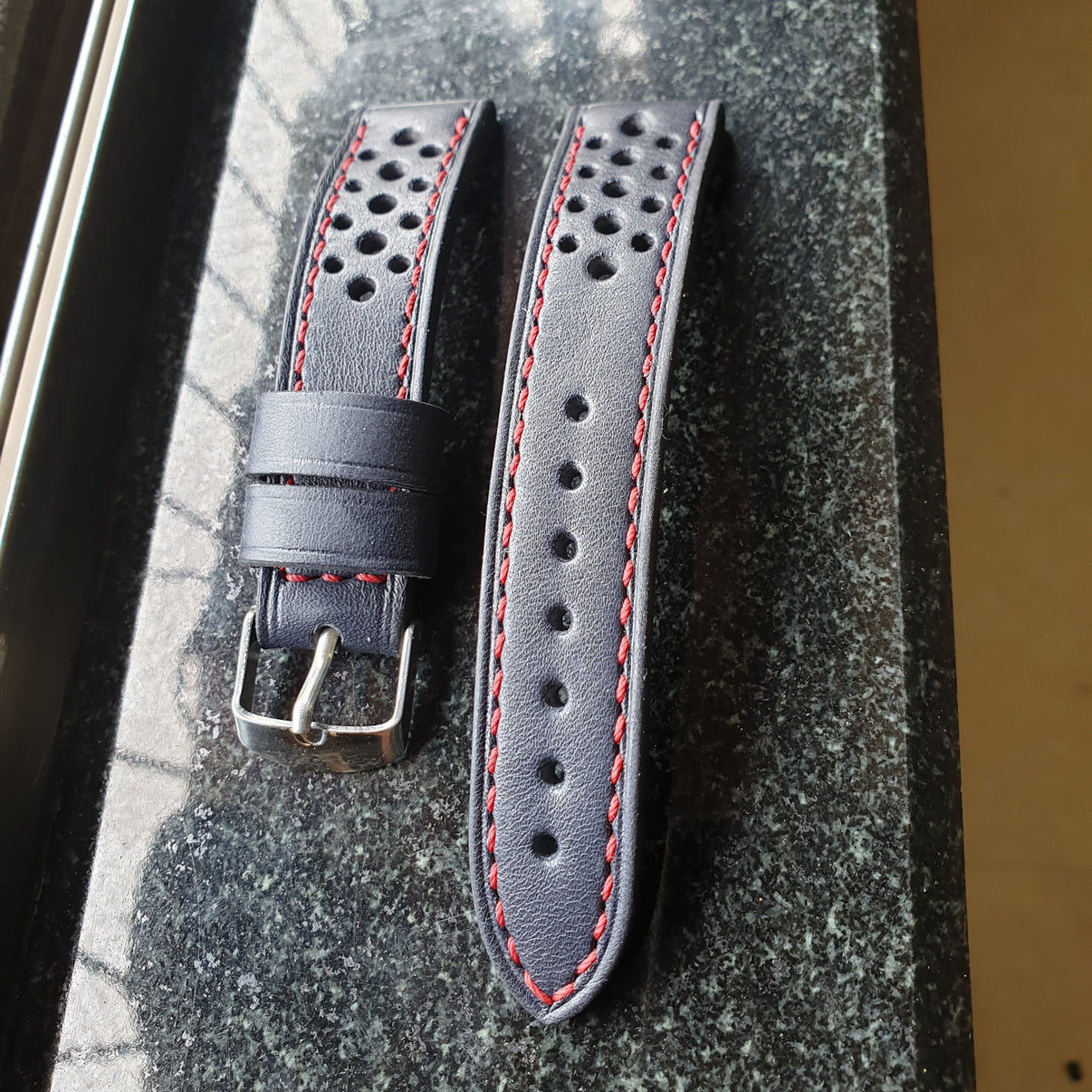 Handmade blue leather rally strap for watch - 22mm / Blue ...