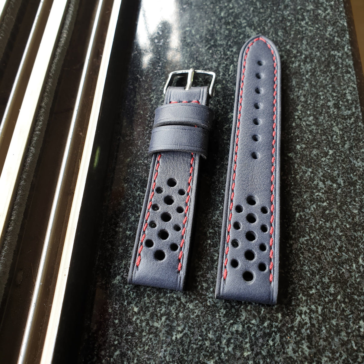 Handmade blue leather rally strap for watch - 22mm / Blue ...