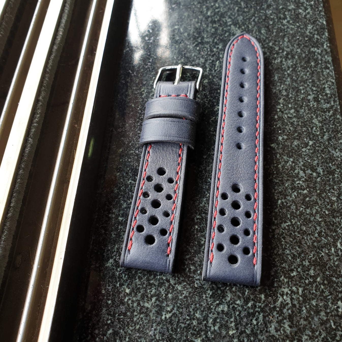 Handmade blue leather rally strap for watch - 22mm / Blue ...