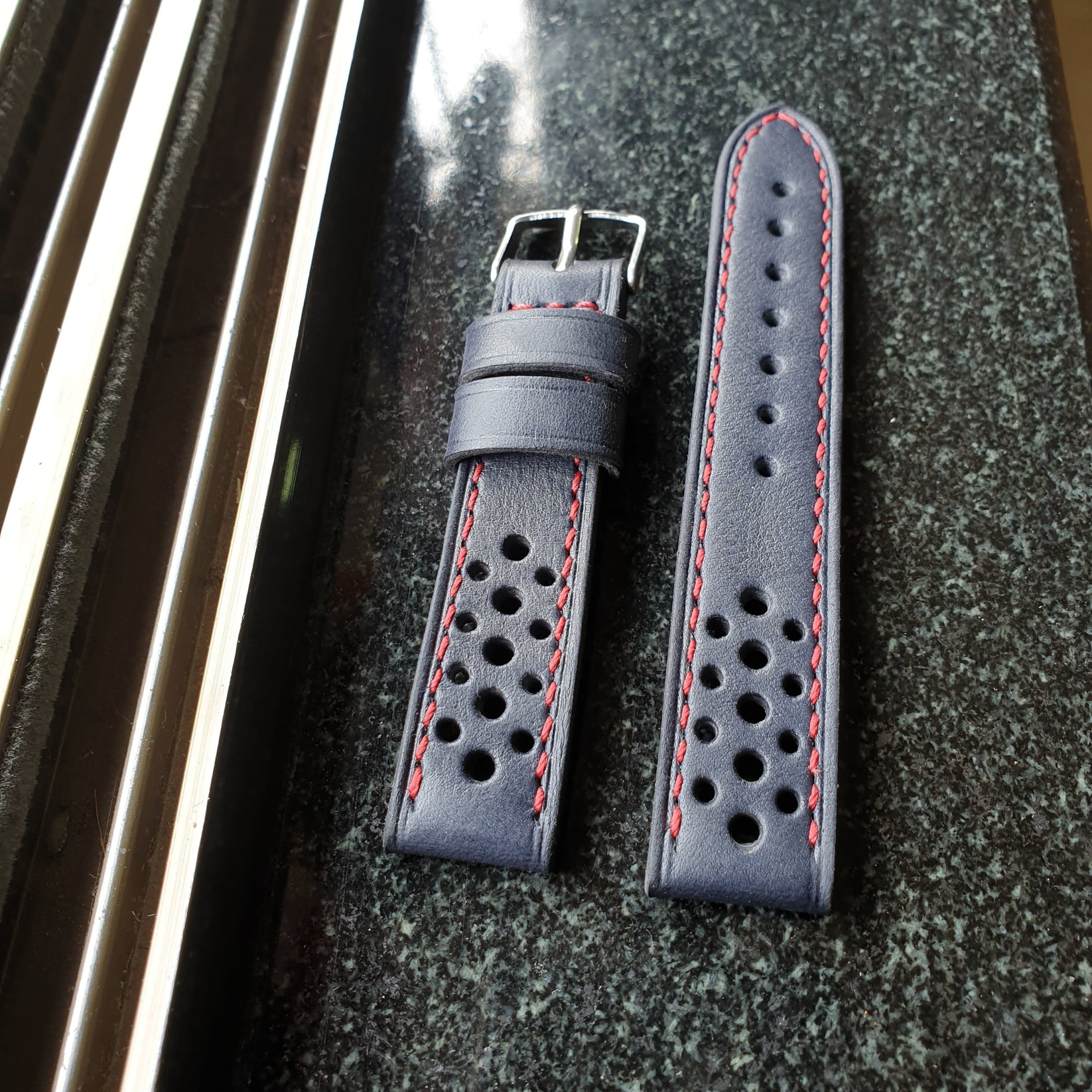 Handmade blue leather rally strap for watch - 22mm / Blue ...