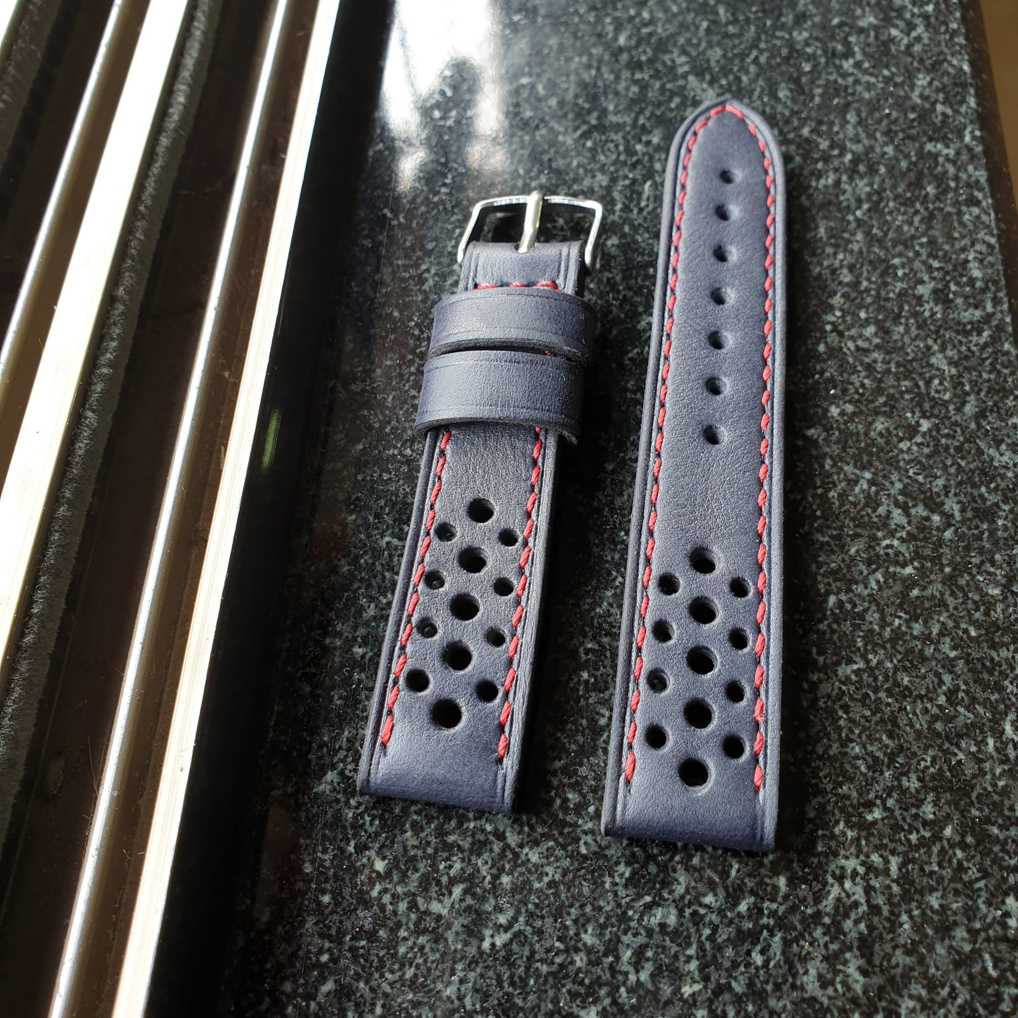 Handmade blue leather rally strap for watch - 22mm / Blue ...